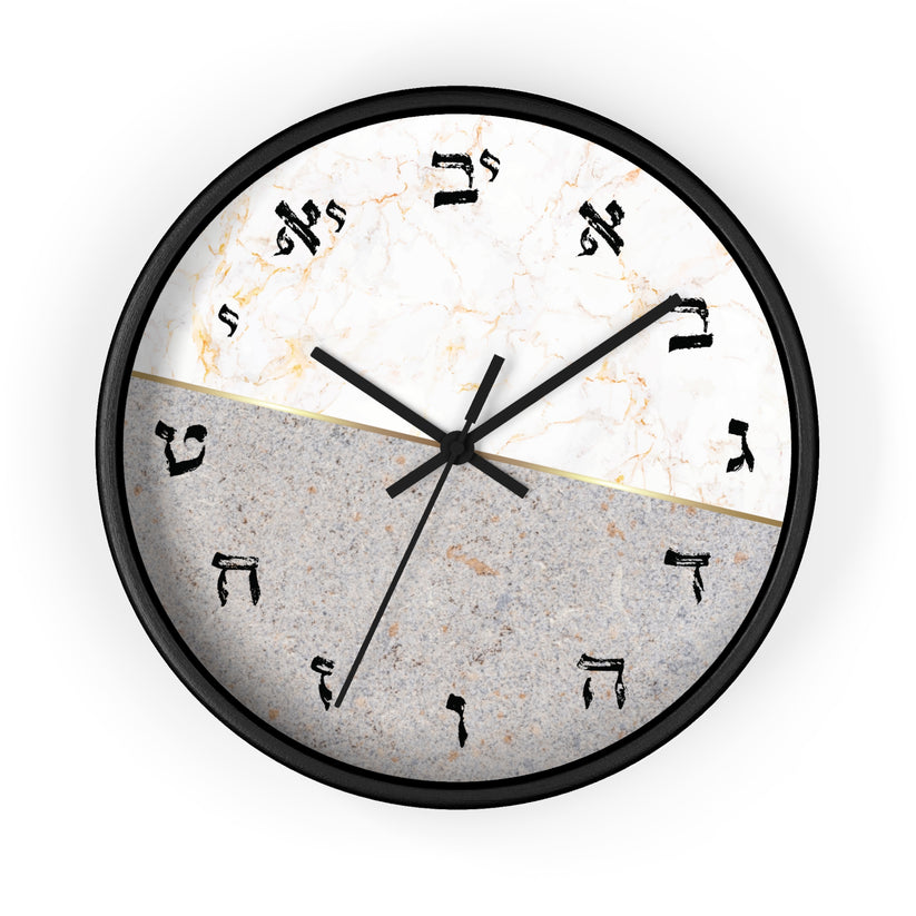 Hebrew letters wall clock with concrete and marble print – Ateret Designs