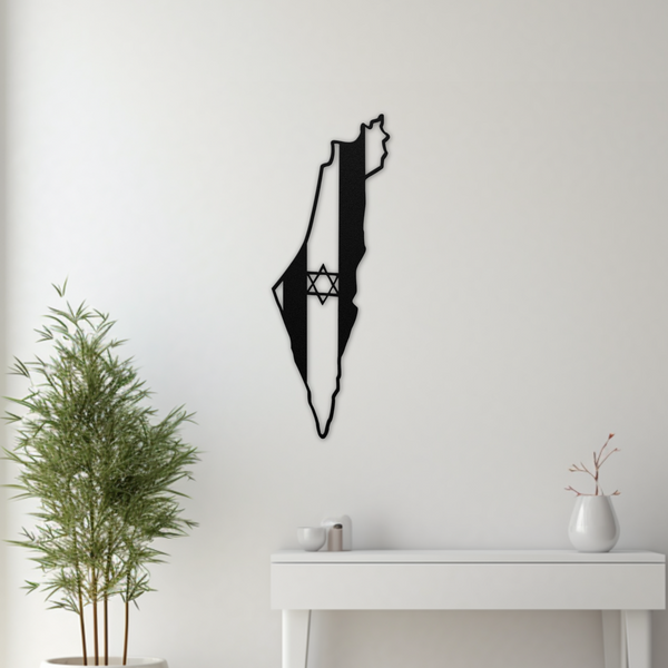 Jewish metal wall sign of vertical Israel flag inside Israel map ...